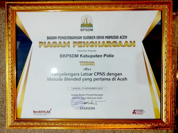 BKPSDM Pidie Raih Penghargaan Terbaik BPSDM Provinsi Aceh