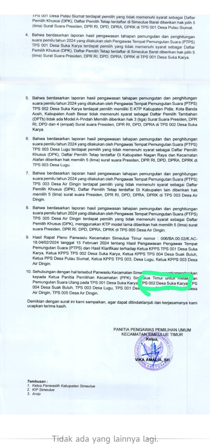 Beredar Rekomendasi PSU Di 6 TPS Kecamatan Simeulue Timur