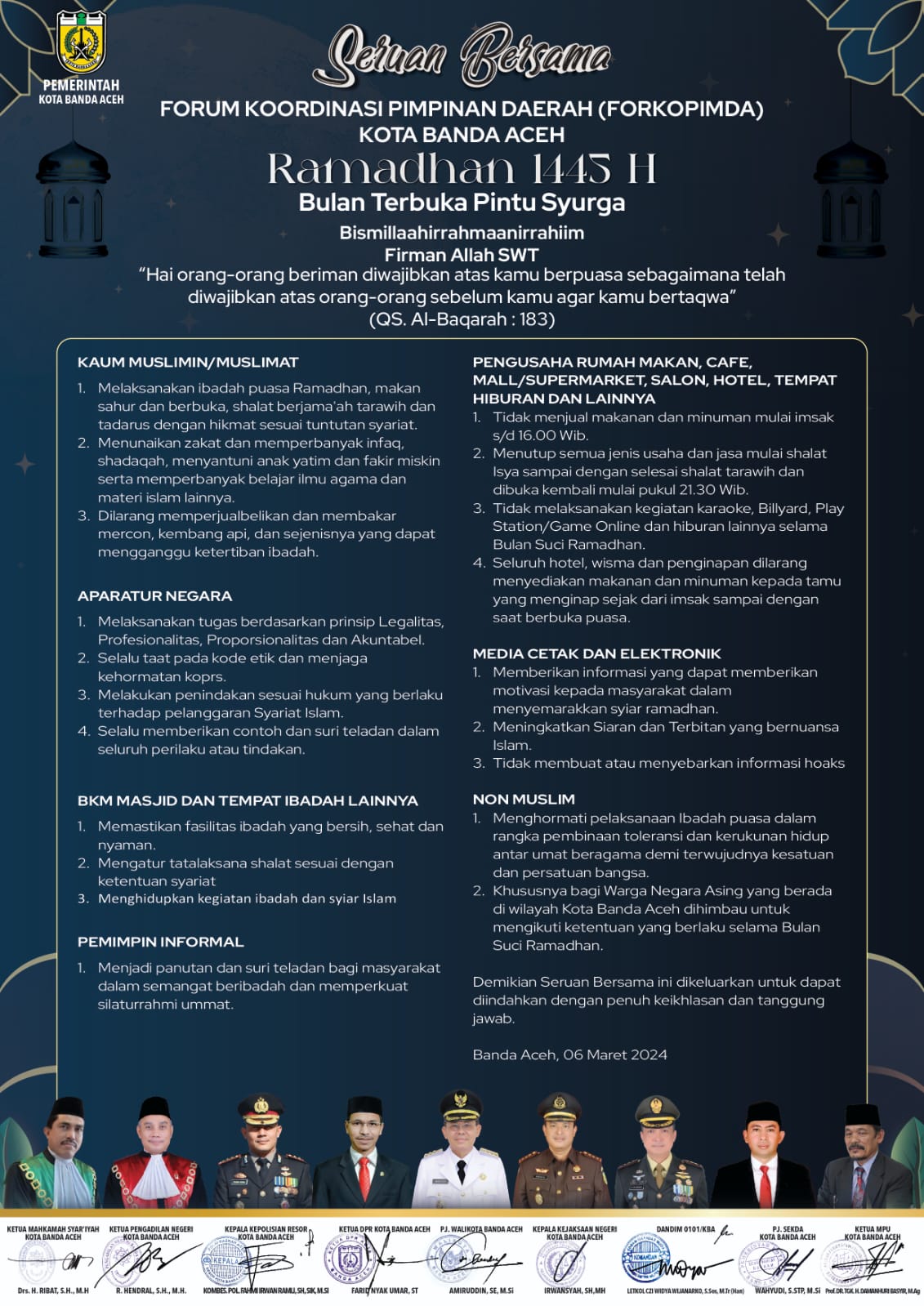 Sambut Ramadan 1445 H, Forkopimda Banda Aceh Keluarkan Seruan Bersama