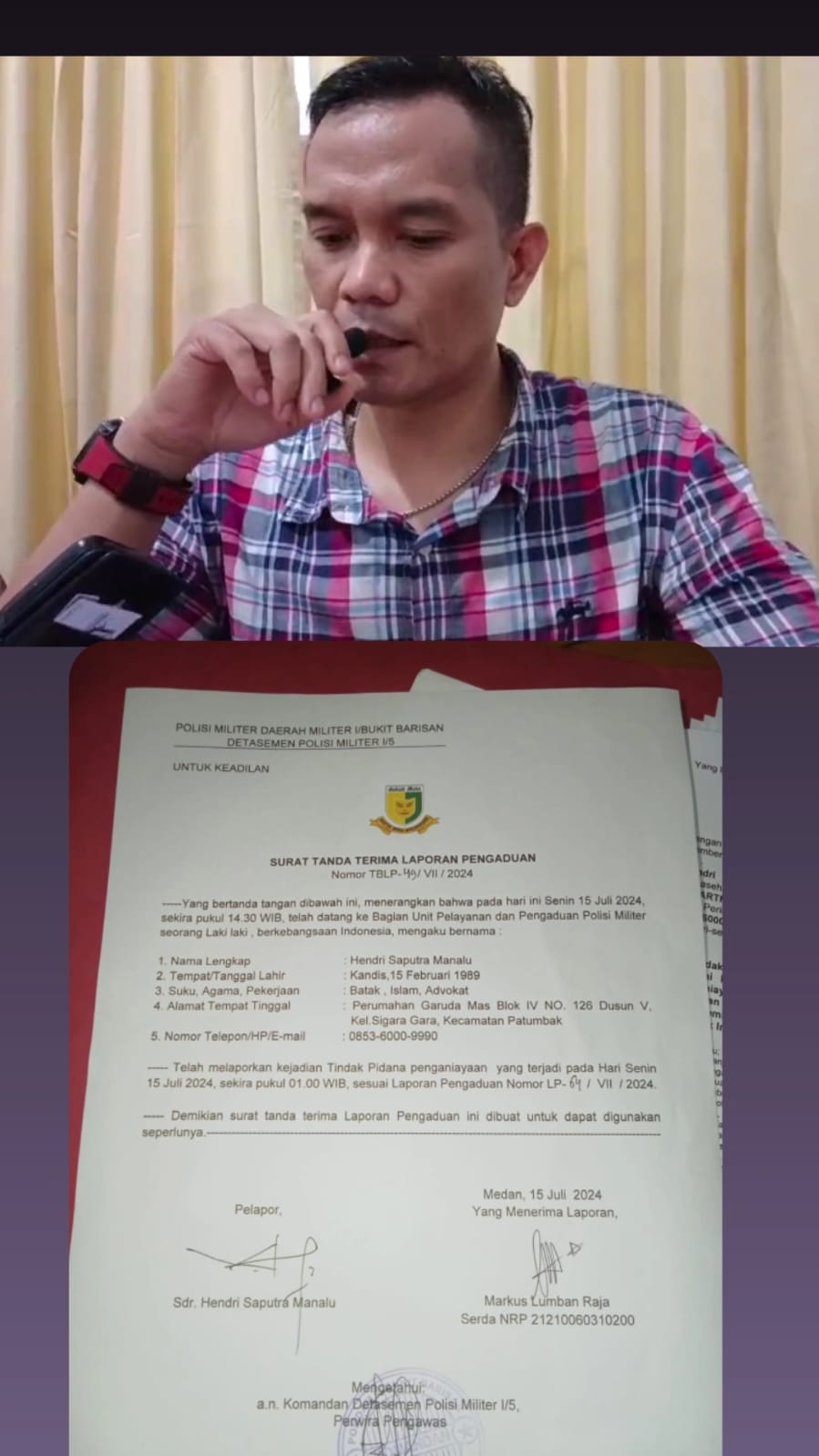 Pengacara Rahmat Junaidi Laporkan Dugaan Penganiayaan Oknum TNI Ke Denpom I/5 Medan